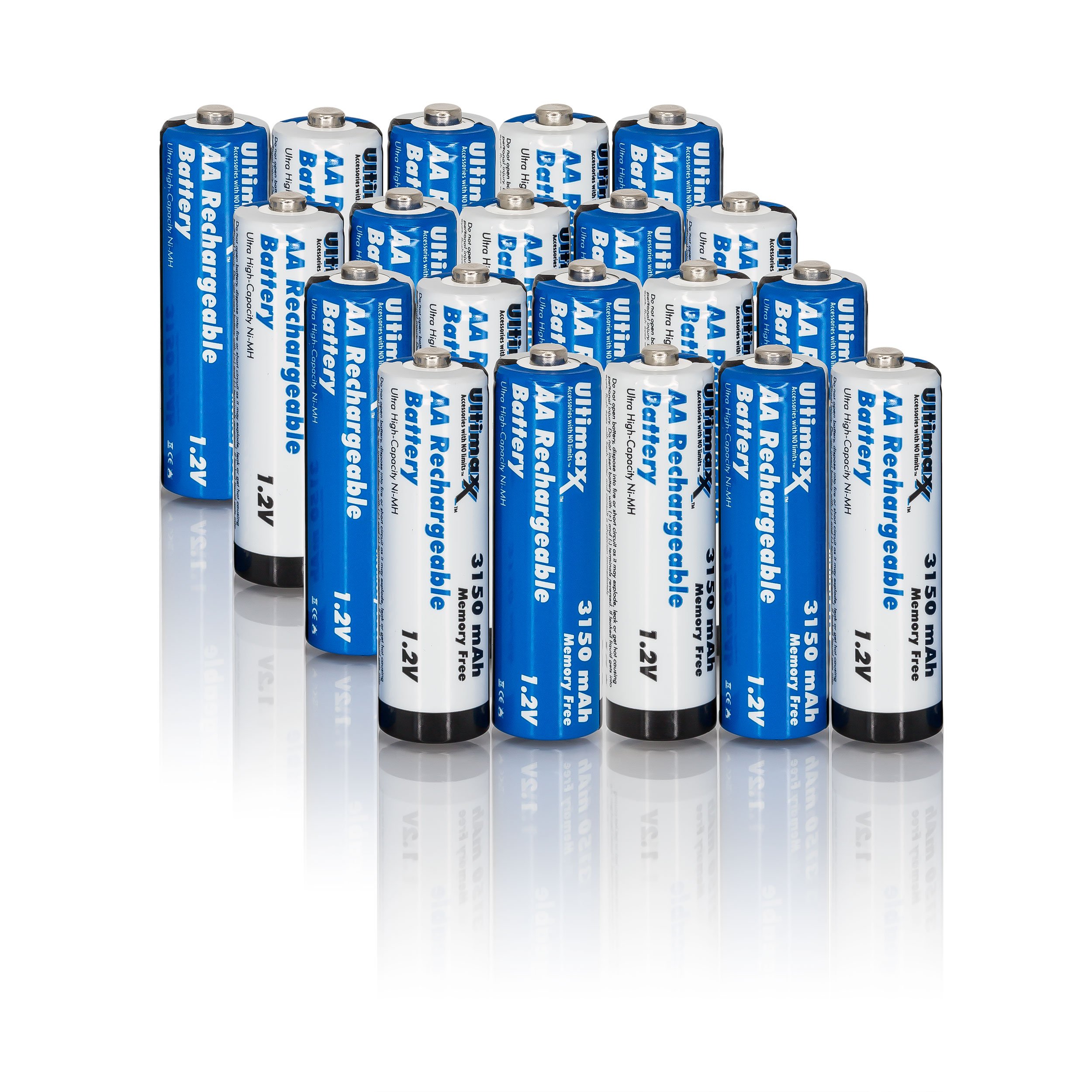 Ultimaxx 3150 mAh Rechargeable AA Batteries, Double A Battery - 20 Pack with NiMH Charger