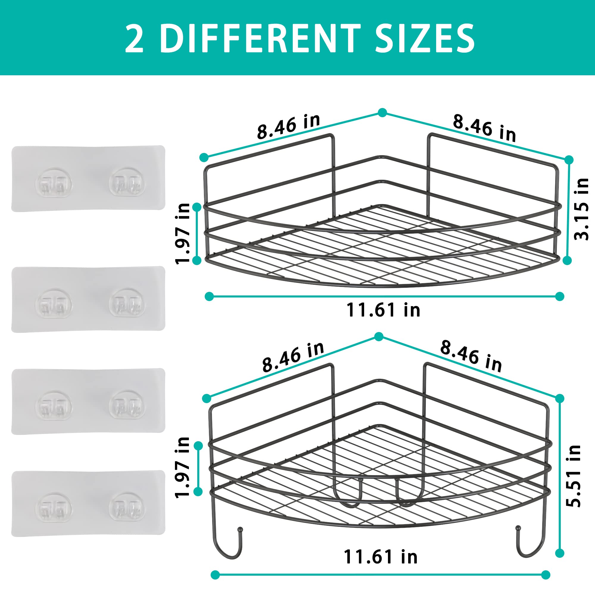 Corner Shower Shelves with 4 Hooks, 2-Tier Stainless Steel Bathroom Shower Organizers, Wall Mounted Caddy Shelves No Drilling with Adhesive, Triangle Storage Shelf for Toilet, Dorm and Kitchen, Black