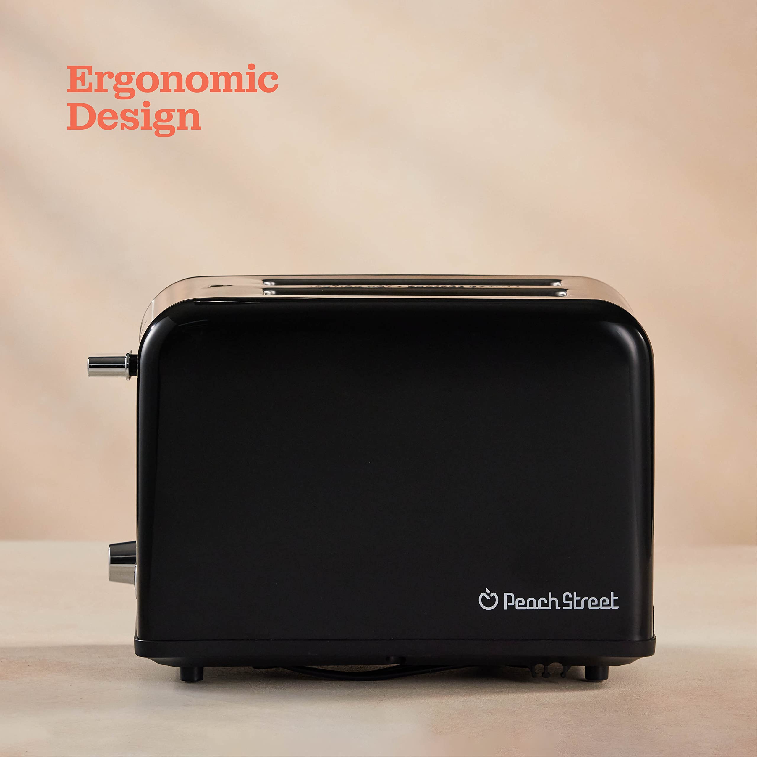 Peach Street 2 Slice Toaster Compact Bread Toaster with Digital Countdown, Wide Slots, Auto-Pop Stainless Steel, 6 Browning Levels, Removable Crumb Tray, with Defrost, Bagel, and Cancel Function