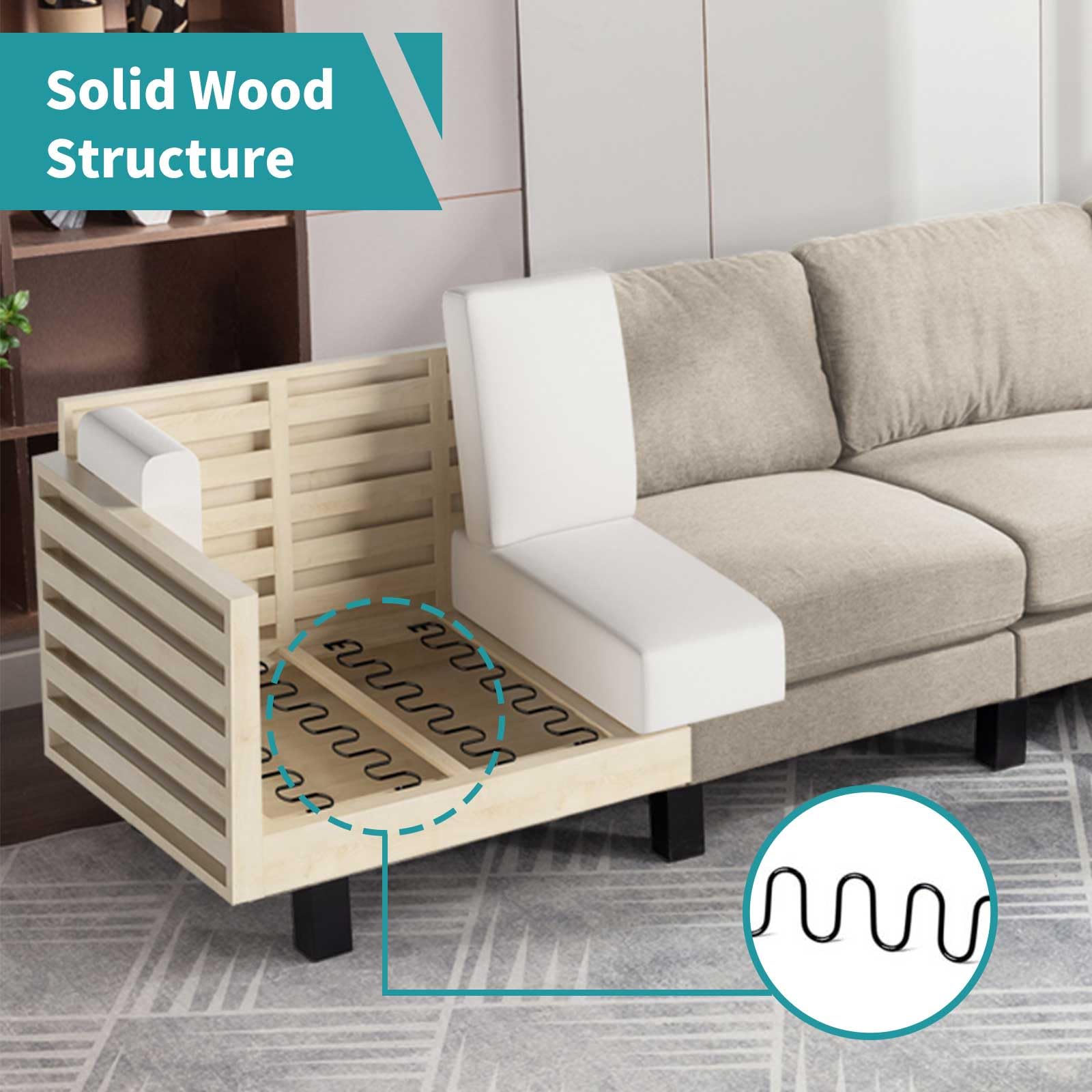 BALUS 110" L Shaped Sectional Sofa for Living Room, Oversized Corner Sofa with Cushions, 5-seat Couch for 5, Modern Upholstered Linen Sofas with Solid Wood Base, Easy Assembly - Beige