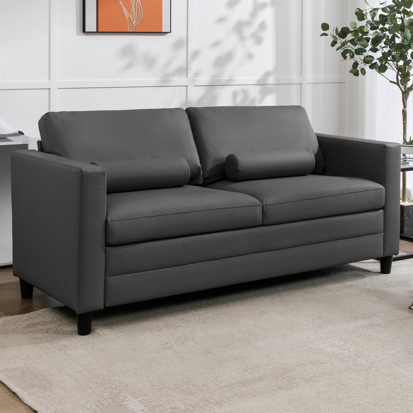 BALUS Faux Leather Pull Out Sofa Bed, 2-in-1 Queen Size Couch Bed with Fold Out Mattress, Modern Convertible Sleeper Sofa Couch, Leather Loveseat Futon Couches for Living Room-Dark Grey