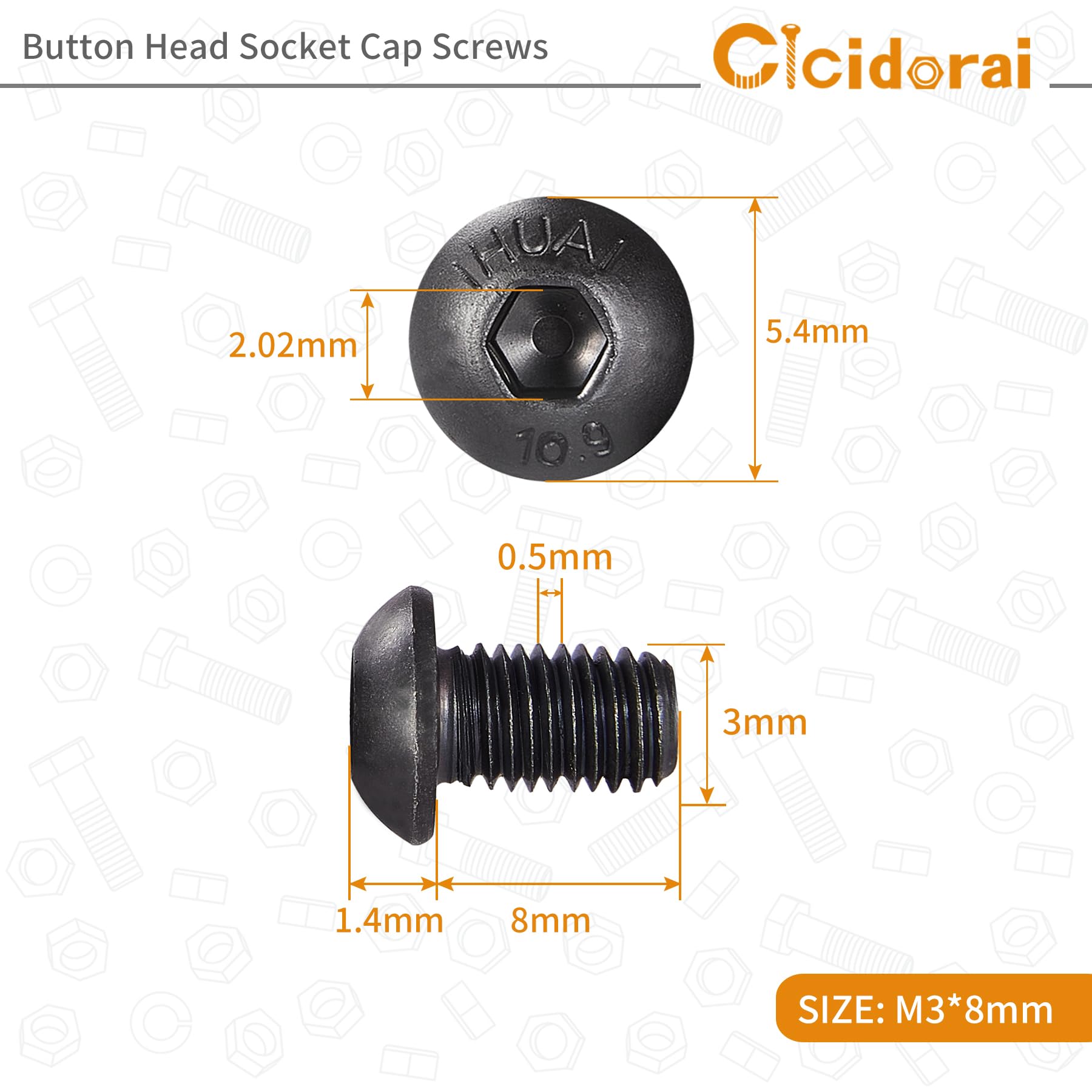 Cicidorai M3-0.5 x 8mm Button Head Socket Cap Bolts Screws, 10.9 Grade Alloy Steel, Black Oxide Finish, Machine Thread, Allen Socket Drive, Quantity 100
