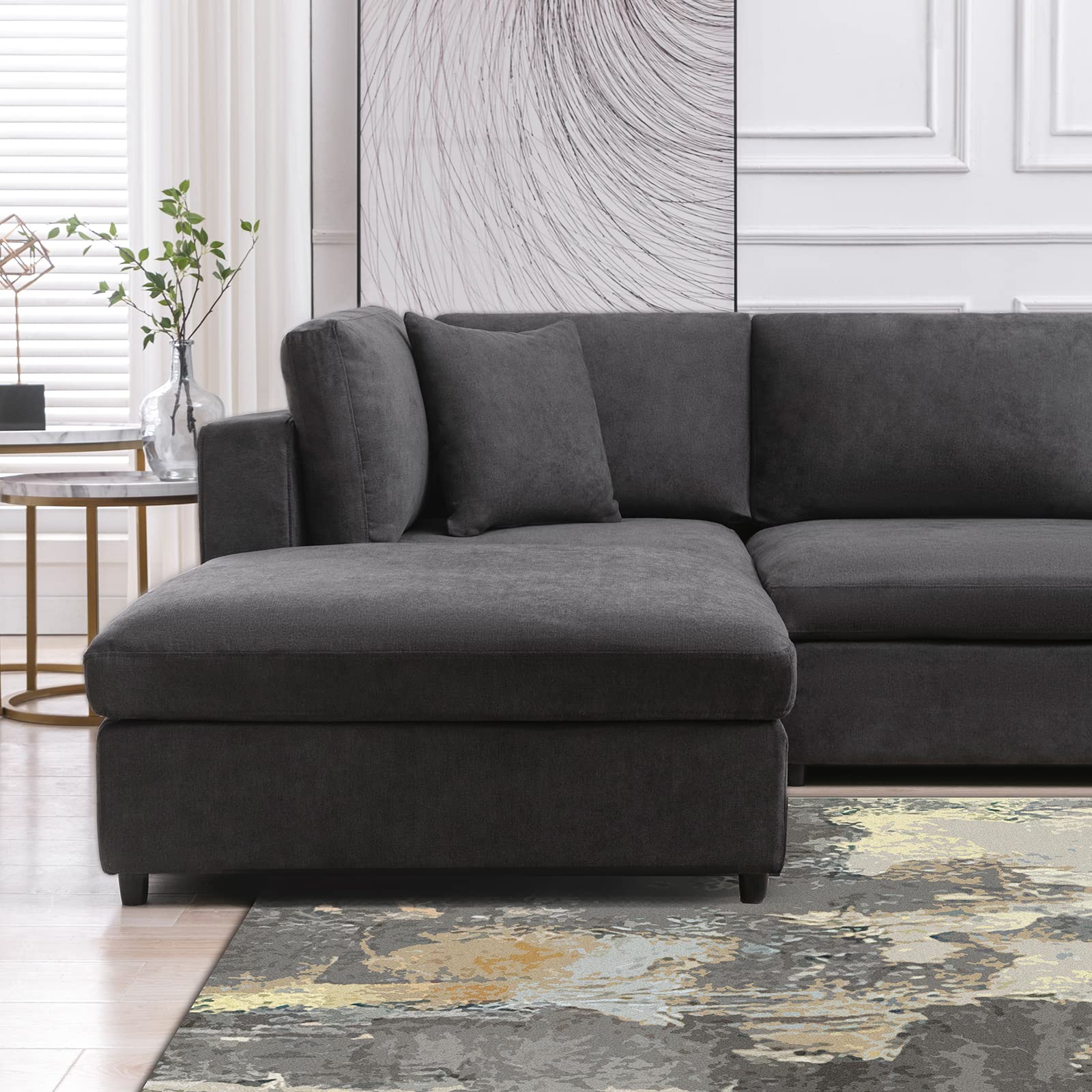 BALUS Modern Convertible Sectional Sofa,3 Seat Sofa+1 Chaise, L Shaped Corner Sleeper Sofa Couch,Modular Sectional Couches with Wood Legs for Living Room, Dark Grey