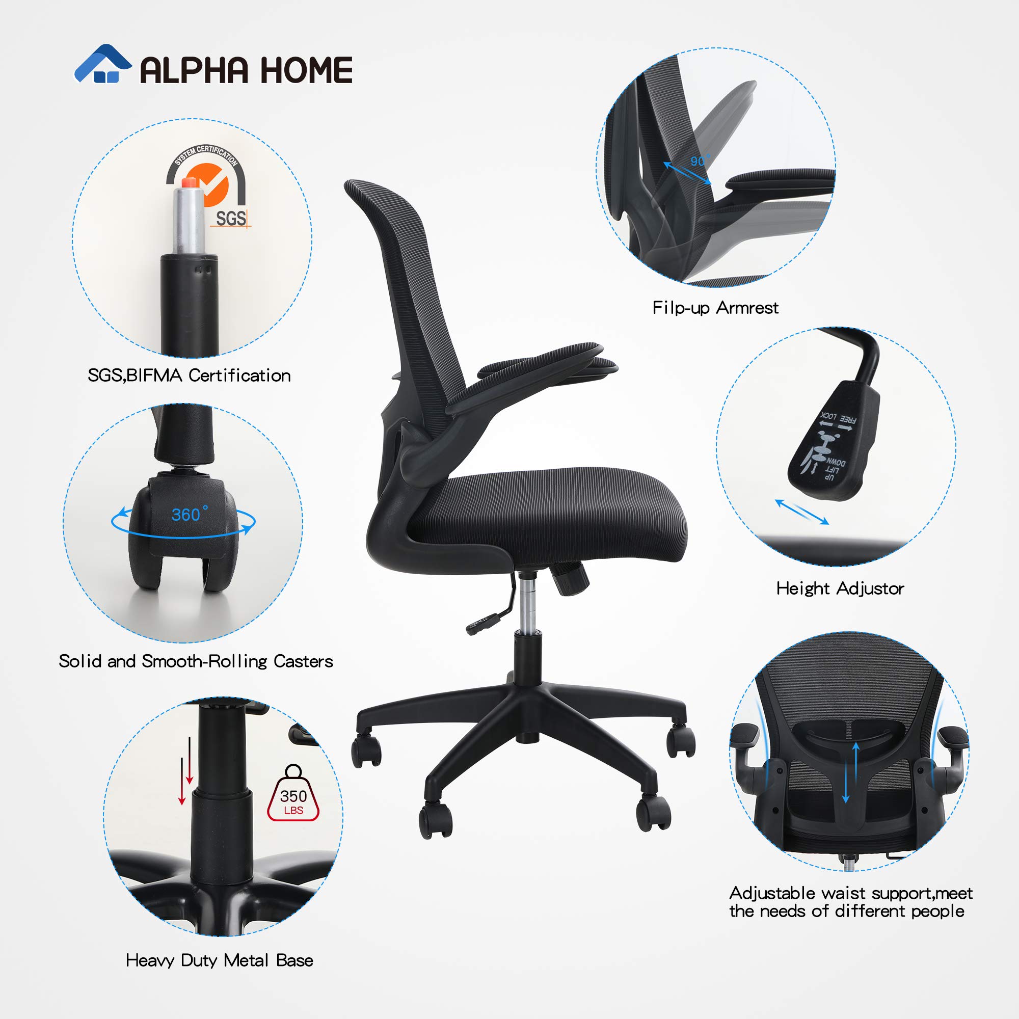 ALPHA HOME Ergonomic Office Chair Mid Back Computer Desk Chair with Flip-up Tufted Armrest Executive Adjustable Chair with Lumbar Support Mesh Rolling Swivel Chair with Casters-Capacity 250LBS