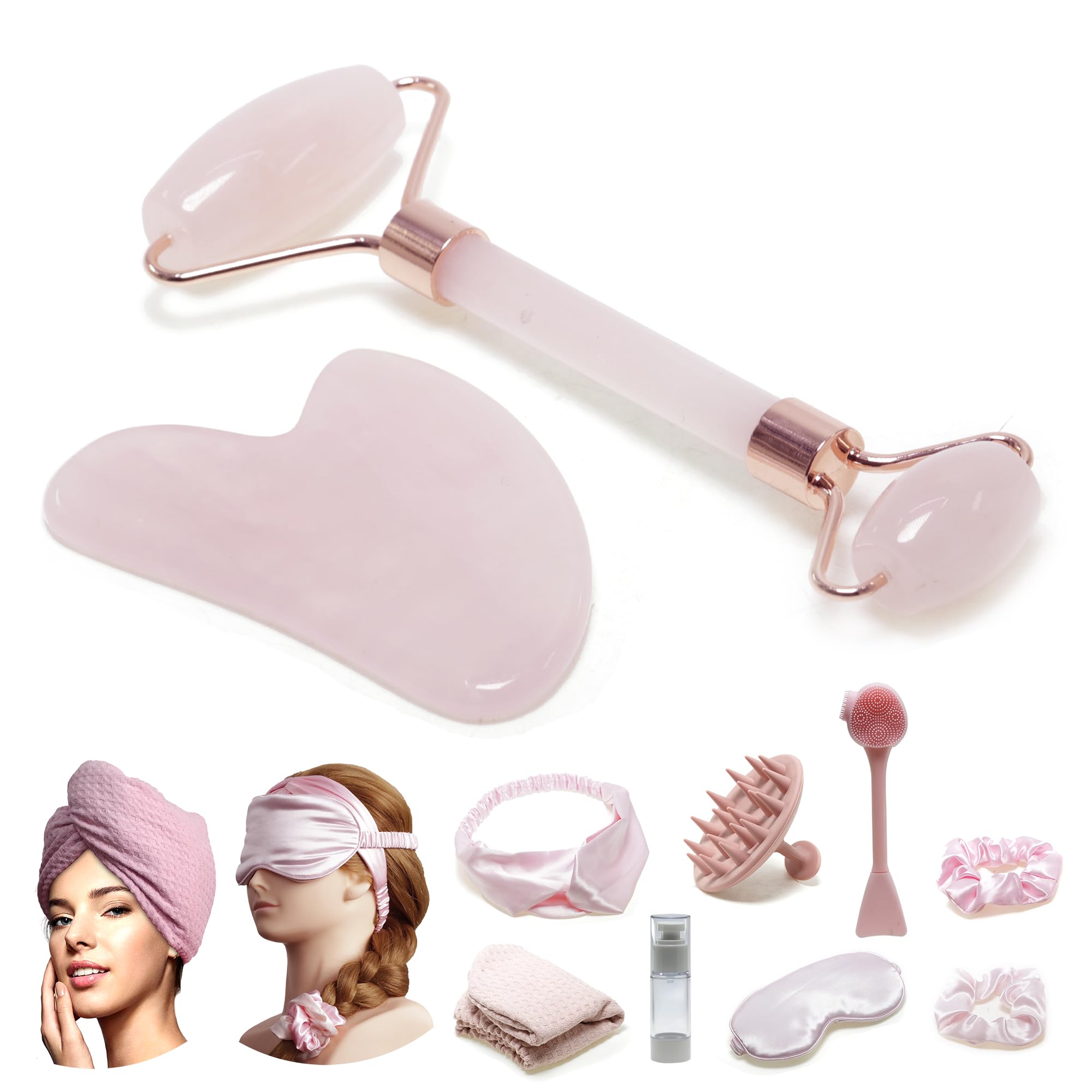 BYANANT 100% Rose Quartz Ornament Pink Jade Roller Massage suits, Anti-Aging Beauty Tools for Slimming,Gua Sha Set Face, Eyes, Neck ,Body Skin Care - Face Women Gift(10PCS) (pink), 10 Piece
