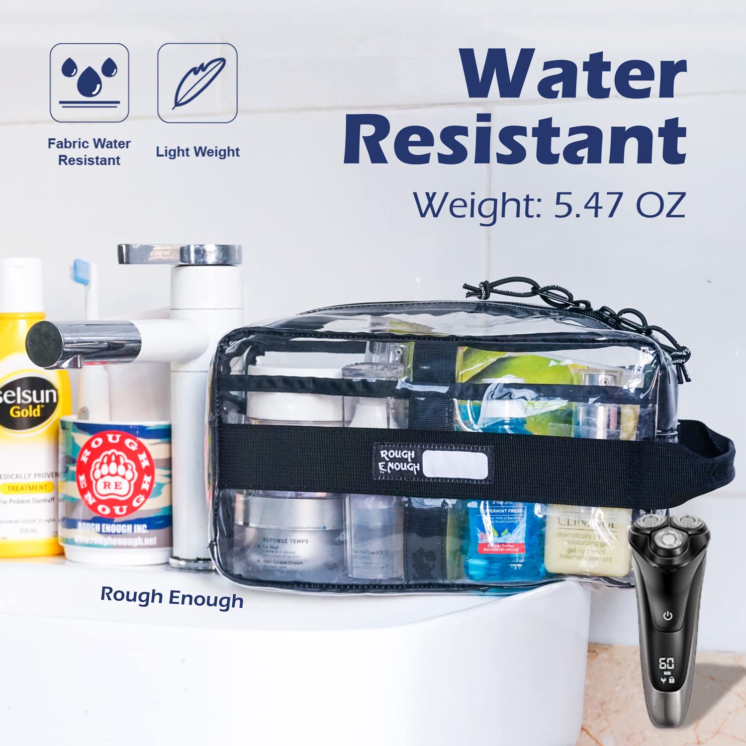 Rough Enough Clear Toiletry Bag Travel Makeup Cosmetic Bags Organizer Case for Toiletries with Zipper Pockets and Handle