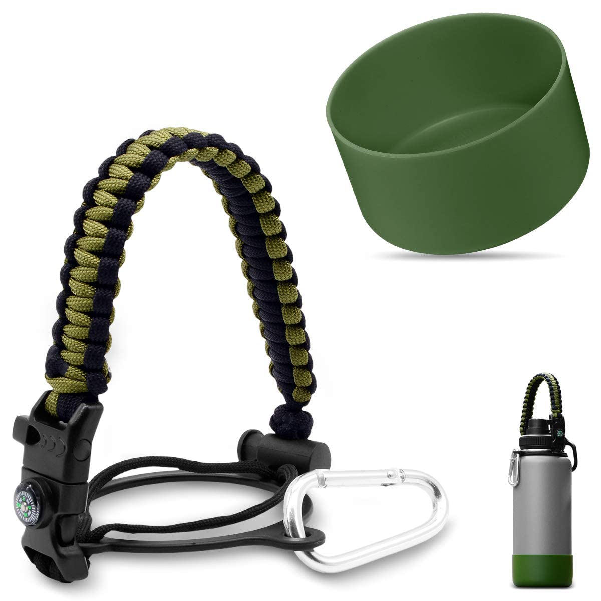 Affute Paracord Handle for Hydroflask Wide Mouth Bottles, with Safety Ring and Carabiner, Plus one Protective Silicone Sleeve, Best Value Set (32-40oz, Army Green)