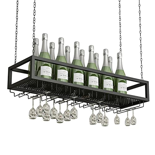 DASHADAO Hanging Wine Glass Rack-Black Wine Rack Home Wine Bottle Racks Ceiling Wall-Mounted Storage Shelf with Hanging Stemware Champagne Glasses Holder Metal Bar Unit Floating Shelves HOM