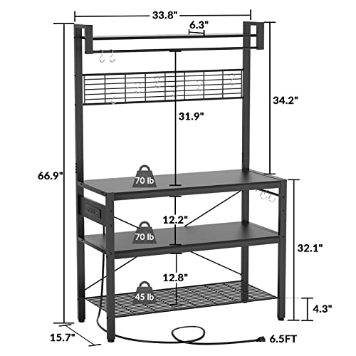 Bakers Rack with Power Outlet, 4-Tier Microwave Oven Stand, Coffee Bar Station with 10 Hooks, Large Kitchen Storage Shelf with Hutch, Black