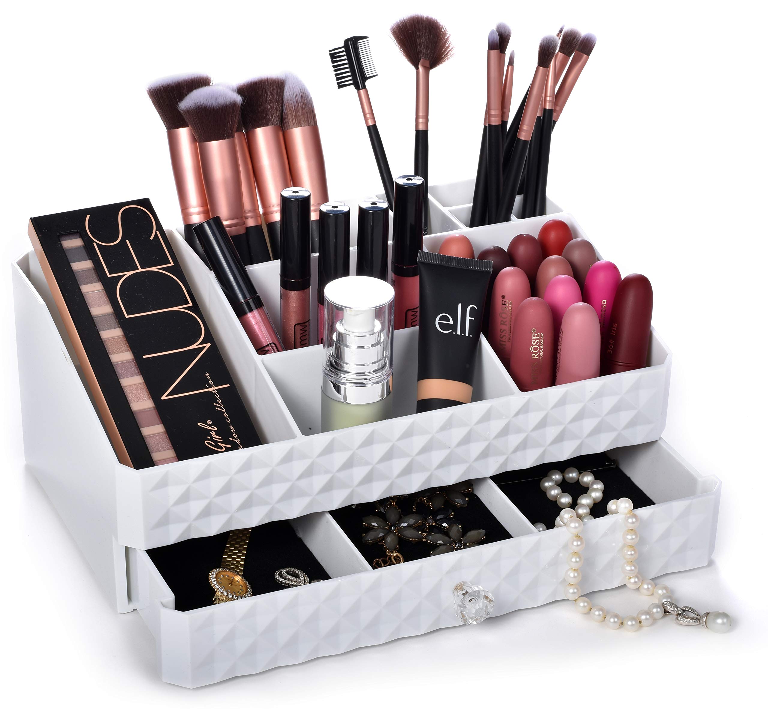 Masirs Cosmetic Storage Box Organizer - Compartments to Organize and Store your Makeup and Accessories. Drawer with Padding to Protect Jewelry. Will Sit Neatly on Vanity or Bathroom Countertop.