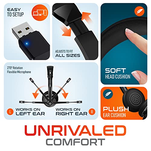 Bluetooth Headset with Noise Cancelling Mic and Charging Dock, Wireless Headphones with Mic, 2-Earpiece with Auto-Pair USB Dongle for PC/Laptop, Handsfree/Dual Connect/Mute, for Meet|Skype|Zoom|Teams