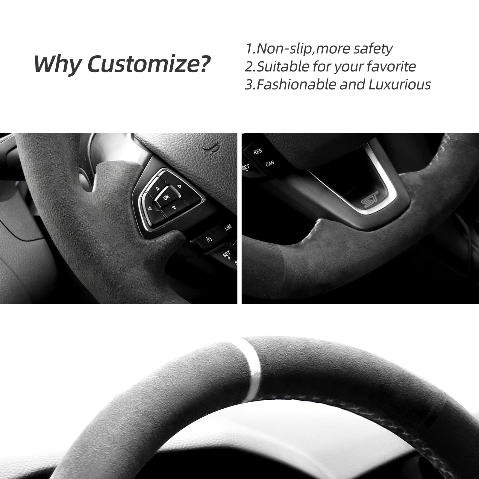 Alfanxi Hand Stitch Alcantara Steering Wheel Cover Compatible with Ford Focus RS ST ST-Line Kuga ST-Line Ecosport ST-Line (White Stripe)