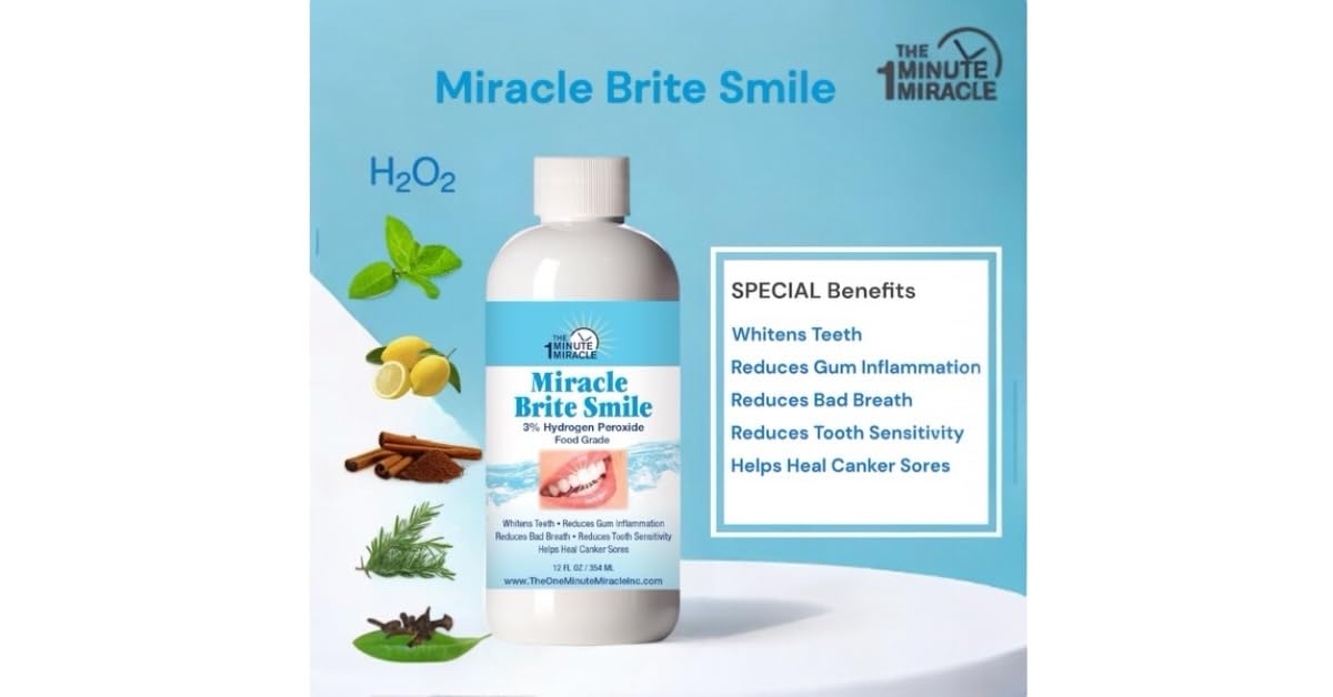 Miracle Brite Smile - 3% Hydrogen Peroxide MedicalFood Grade, Peppermint, Lemon, Clove Leaf, Cinnamon and Rosemary. Organic Essential Oils Leaving a Fresh Breath Mouth. 3 Bottles - 12 oz Bottles.