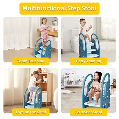 Kid Step Stool Plastic Toddler Step Stool for Kids Three Step Standing Tower for Kitchen/Bathroom/Toilet Potty Training, Learning Helper with Handles and Safety Non-Slip Pads (Deep Blue Light Blue)