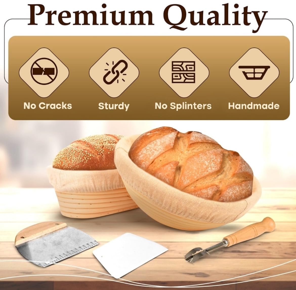 Banneton Bread Proofing Basket Set of 2-9 inch Round & 10 inch Oval Sourdough Basket, Sourdough Bread Kit with Bread Lame, Dough Scraper, Dough Whisk and Linen Liners, Bread Making Tools and Supplies