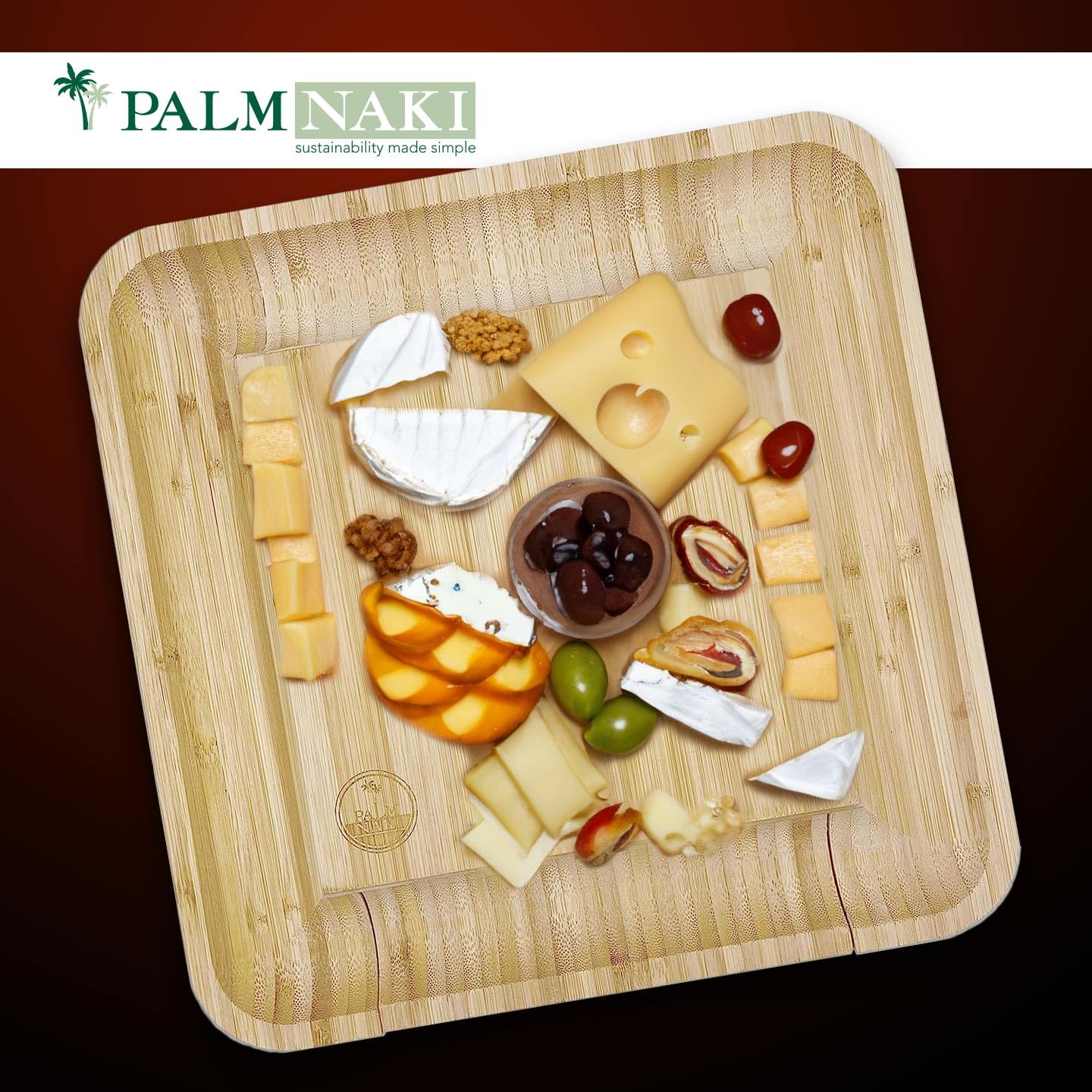 Bamboo Cheese Board and 4 Knives Set - Charcuterie Board with Knives, 13” Large Charcuterie Platter and Serving Tray, Housewarming Gift, and Wedding Gift