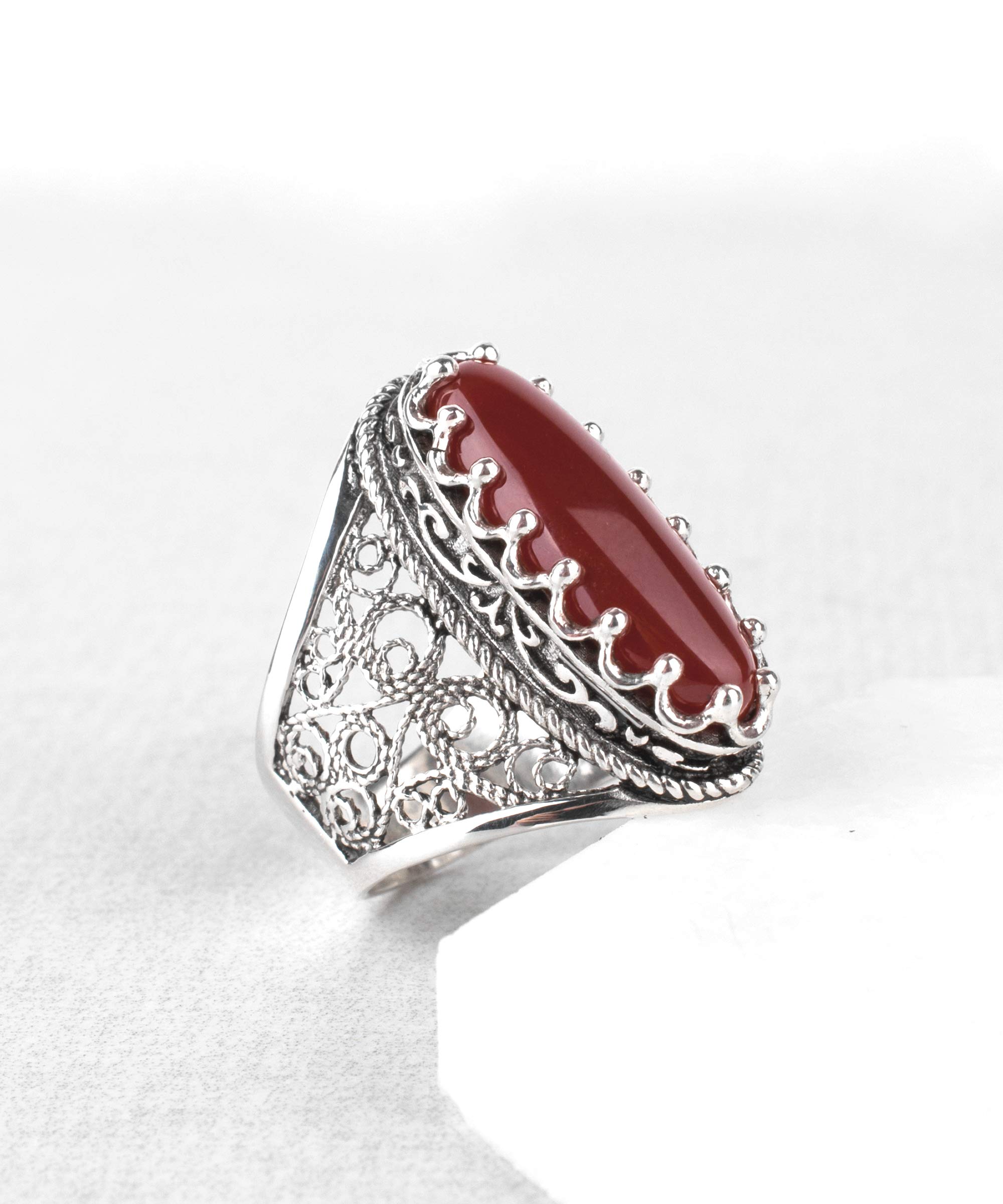 925 Sterling Silver Carnelian Filigree Elongated Statement Ring (Size 6-11) (8)