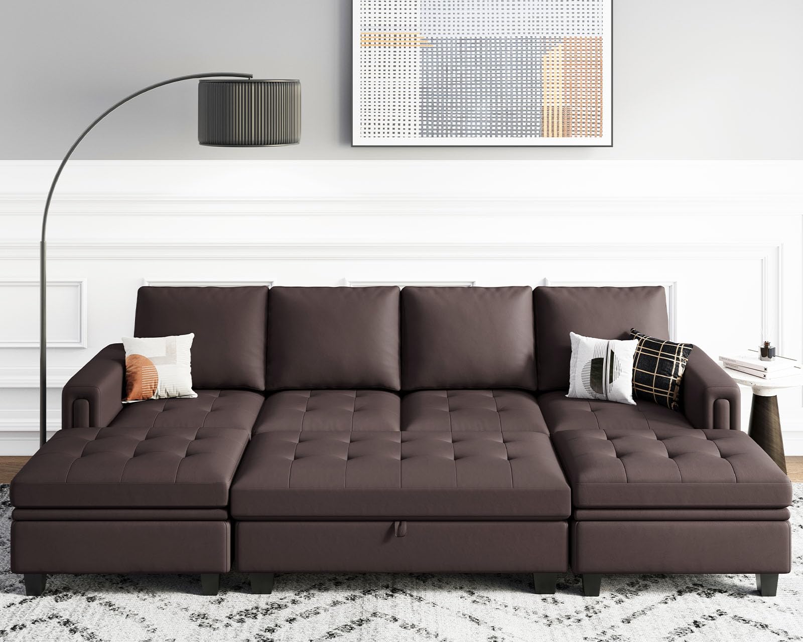 Belffin Faux Leather Convertible 4-Seat Sectional Sleeper Sofa with Reversible Chaise Leather Sleeper Sectional Couch Bed with Storage Ottoman Sectional Sofa Couch Set Brown