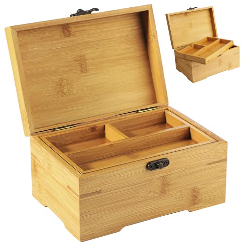 CDOKY Large Wooden Box with Hinged Lid, Bamboo Wood Multi-purpose Storage Box with Tray 2 Compartments, Natural Wood Organizer for Photos, Jewelry Home Office Decor, 7 x 5 x 4 in (Large)