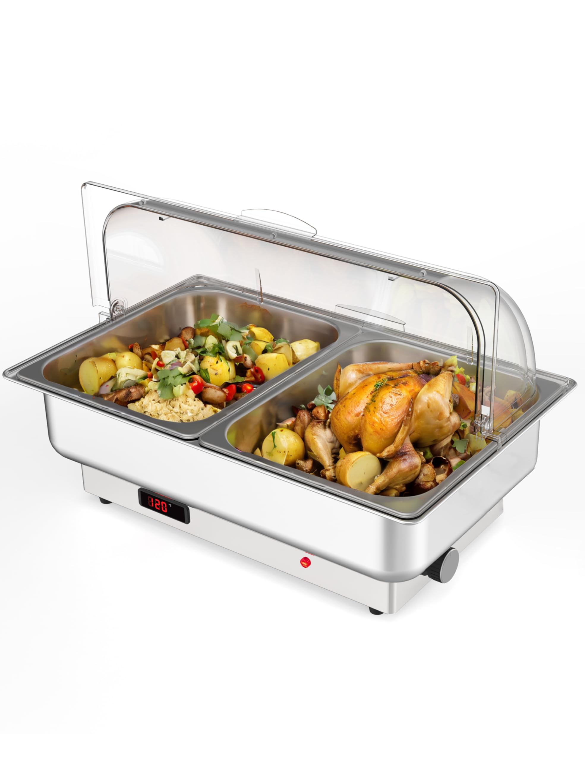 Takywep Rectangular Chafing Dish Electric Buffet Set with Temperature Control, 2 x 4.5QT Half-Size Stainless Steel Food Servers and Warmers with Transparent Lid for Catering Wedding and Parties