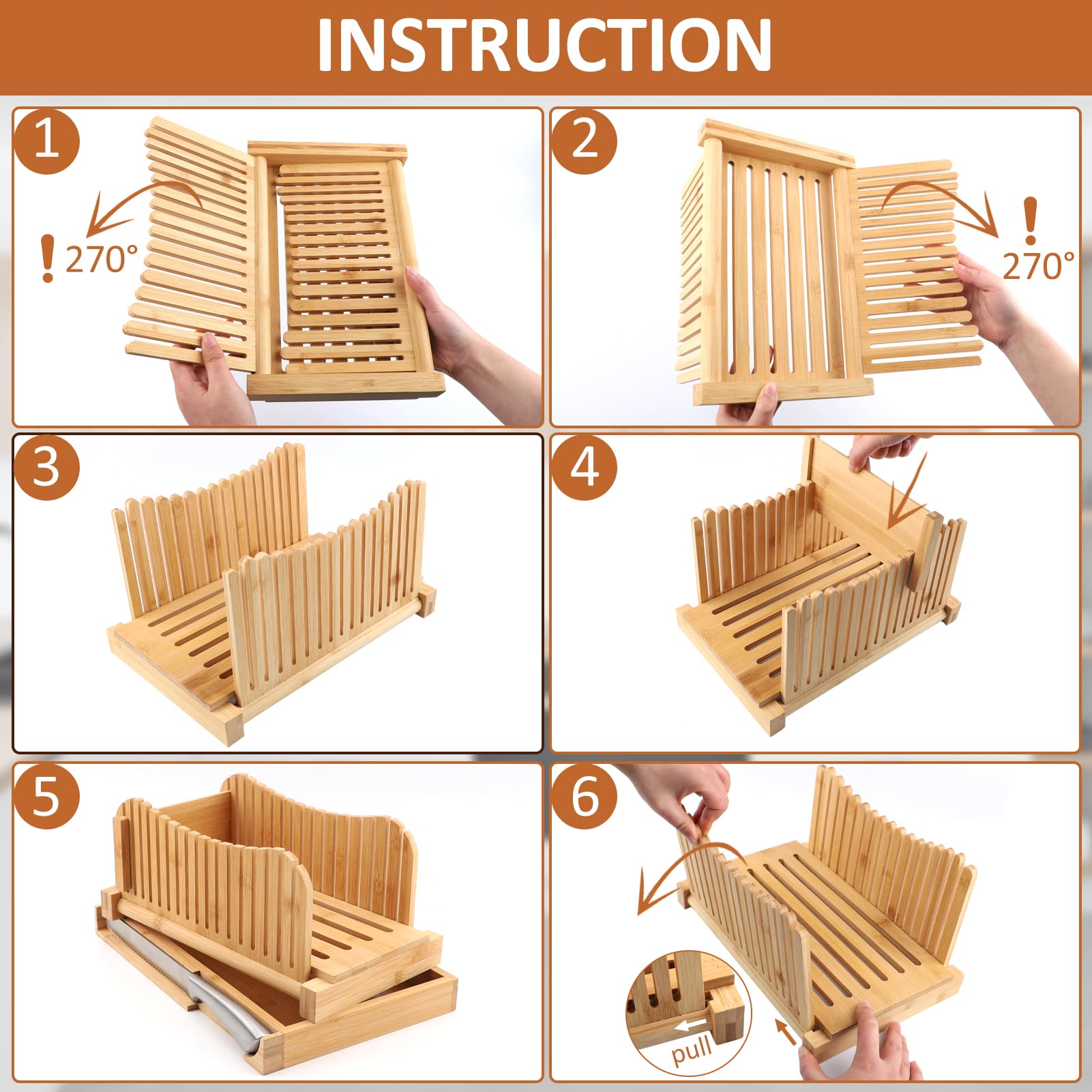 Bamboo Bread Slicer with Bread Knife for Homemade Bread, 3 Slice Thickness, Foldable Compact Cutting Guide with Crumb Tray and Stainless Steel Knife, Easy to cutting Bagels, Cakes,Sourdough Bread