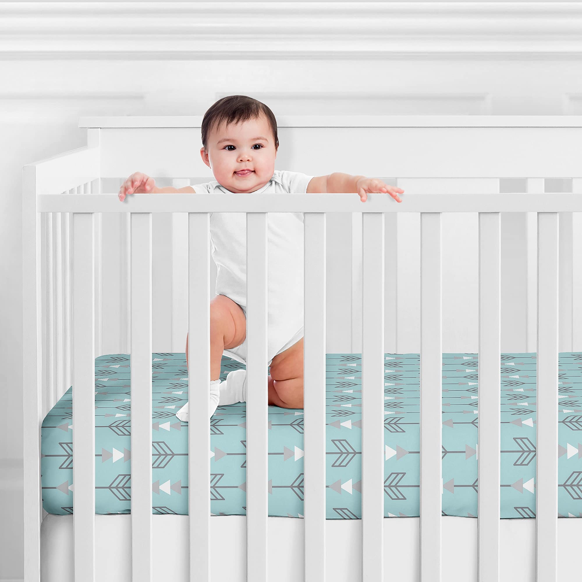 Fitted Crib Sheet for Turquoise Blue and Gray Earth and Sky Baby/Toddler Bedding - Arrows Print