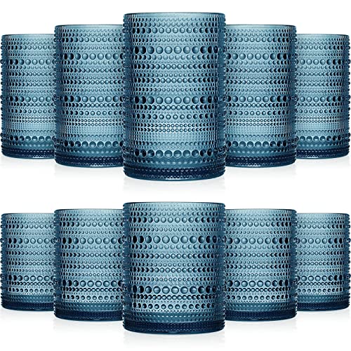 Foaincore 12 Count Hobnail Drinking Glasses Set Vintage Glassware Old Fashioned Beverage Glasses 6 Highball Bubble Cocktail 14 Oz, 6 Rocks Glass Cup 11 Oz Water Elegant Glassware (Cornflower Blue)