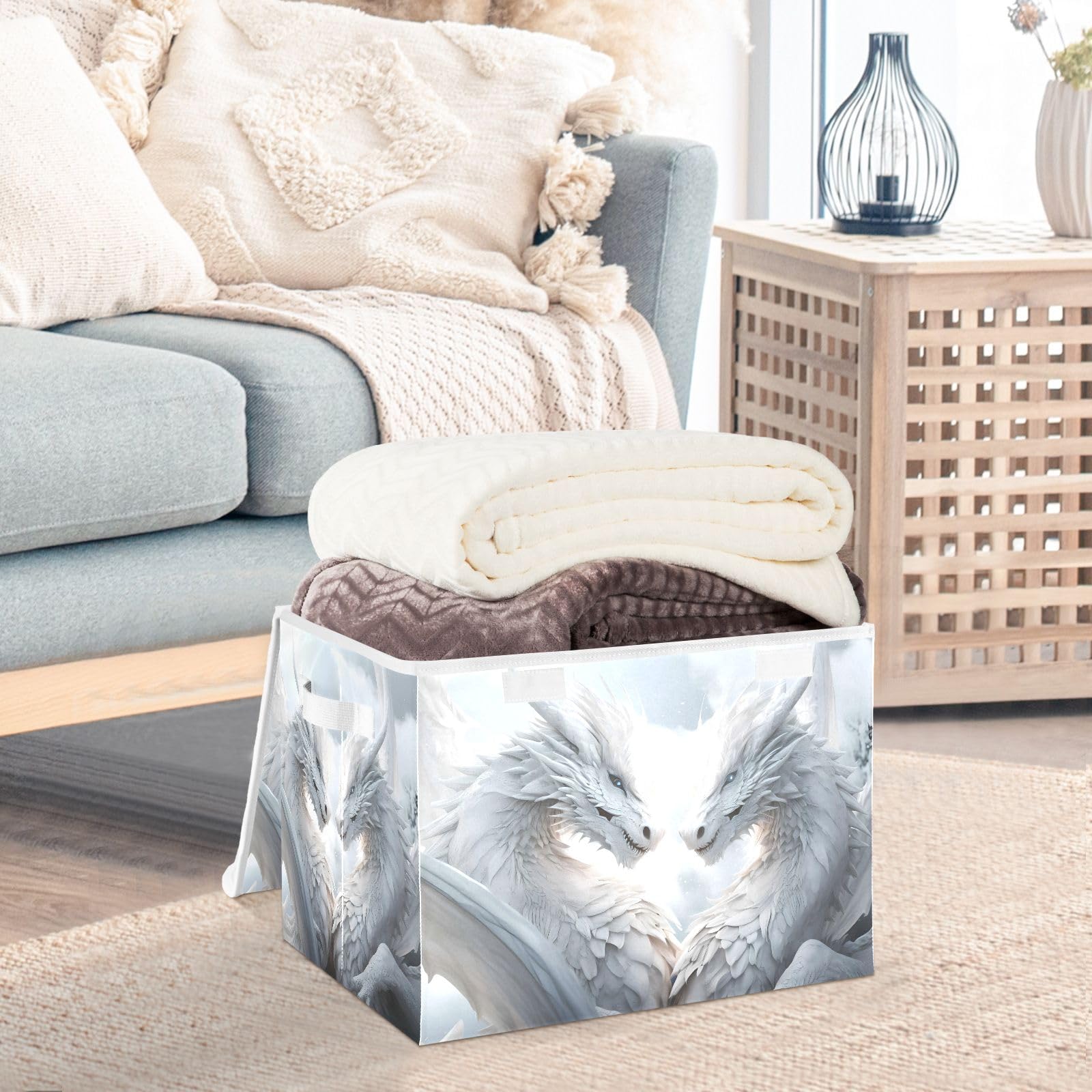 ALAZA Storage Bins Organizer Box Baskets Lidded Clothes for Shelves Closet Dragon White Collapsible Stackable Storage Cubes Handles