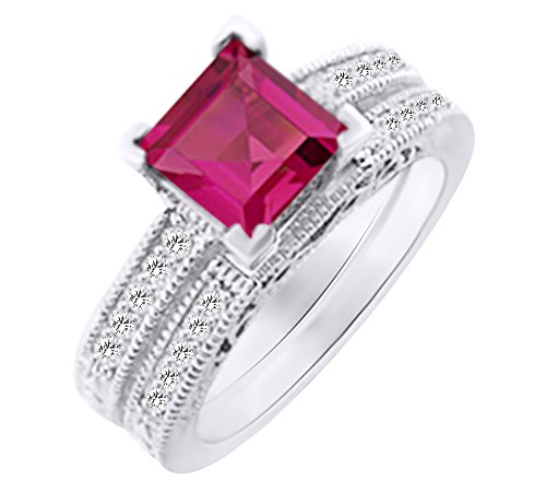 AFFY 2 cttw Simulated Pink Sapphire & White Natural Diamond Engagement Wedding Ring Set in 14k White Gold with Ring Size 8.5
