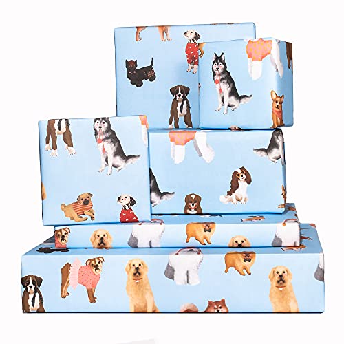 CENTRAL 23 - Blue Wrapping Paper Sheets - Puppy Dogs - 6 Gift Wrap Sheets - Birthday GiftWrap - Recyclable