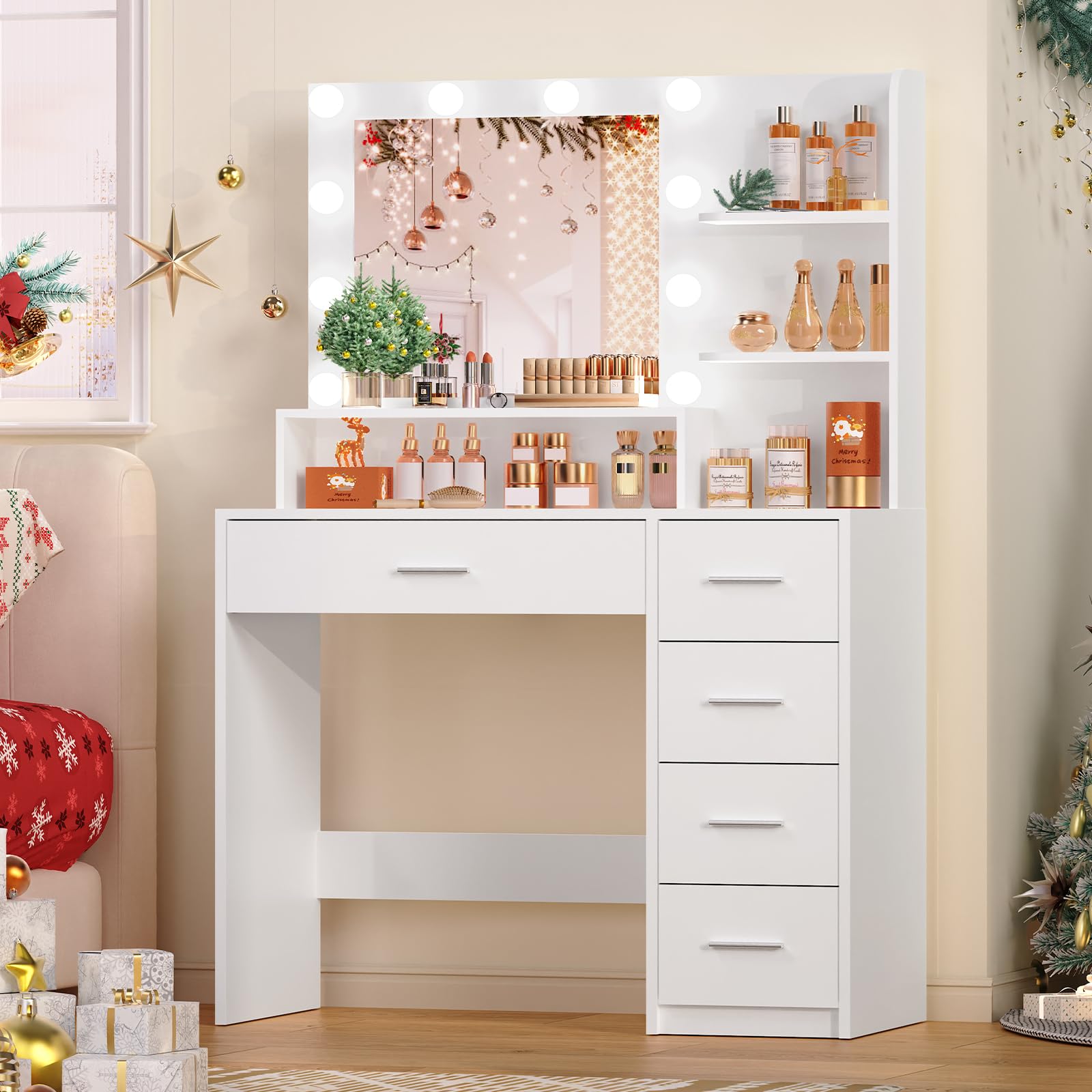 FGNTWP Makeup Vanity Desk with Mirror, 10 Lights, 5 Drawers, 3 Storage Shelves, 3 Color Modes & Adjustable Brightness Dressing Table, 35.4β Desk, White