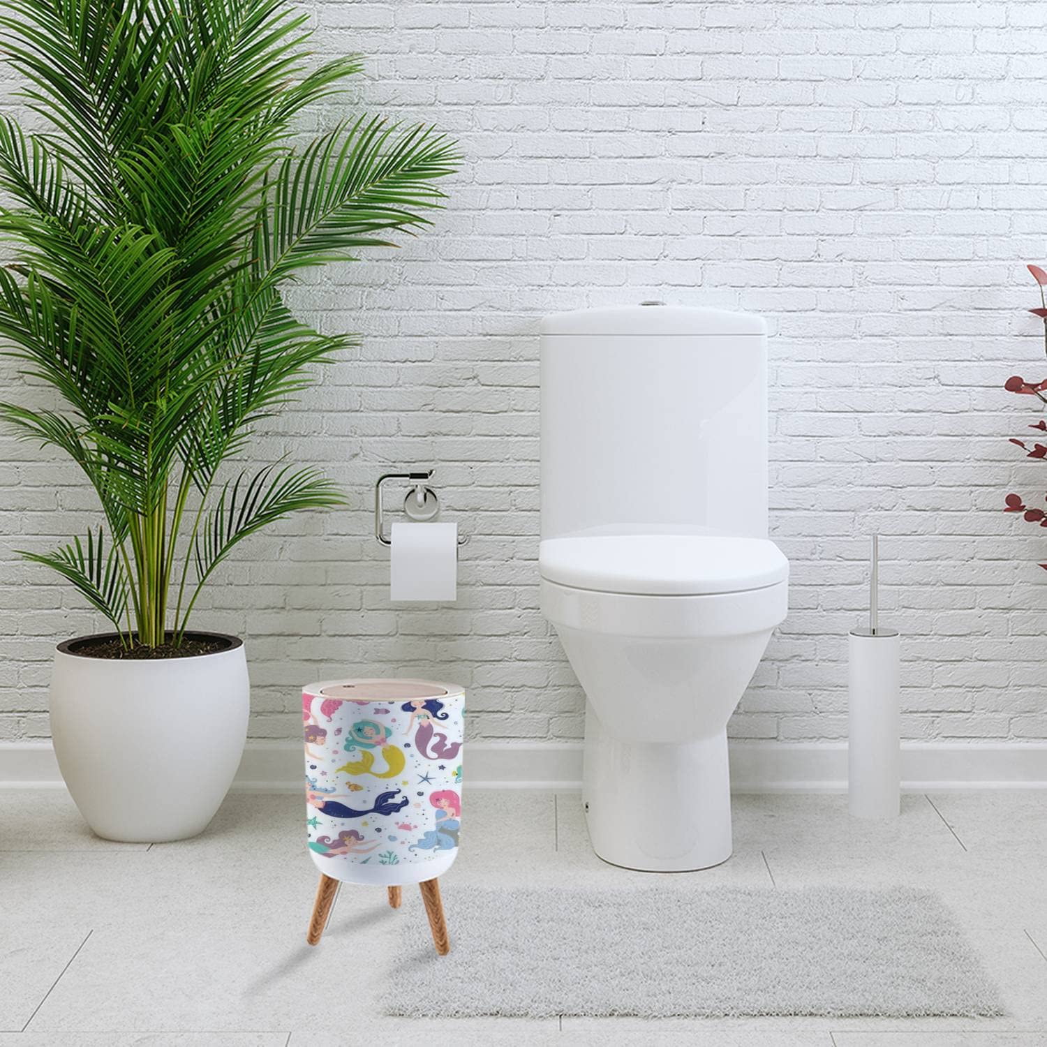 LOPYEIJFG Seamless Childish Cute Mermaids Creative Kids Texture for Fabric Trash Can with Lid Kitchen Bathroom Bedroom 1.8 Gallon Press Cover Wastebasket Office Wood Small Garbage Bin Waste Bin
