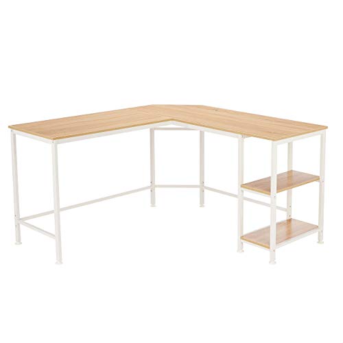 Amazon Basics L-Shape Computer Desk with Shelves for Storage, 54.3 Inch, Natural with White Frame