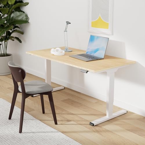 SANODESK 55 Inch 3 Stage Bamboo Electric Standing Desk, Dual Motor Height Adjustable Desk, Whole-Piece Bamboo Desktop Sit to Stand Home Office Desk (White Frame/ 55β x 28β Natural Bamboo Top)