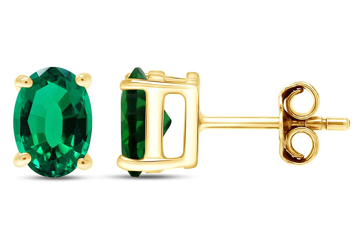AFFY 8X6MM Oval Shape Birthstone Simulated Emerald Solitaire Stud Earrings With Friction Back for Women In 14K Yellow Gold Over Sterling Silver (VVS1- VVS2 Clarity)