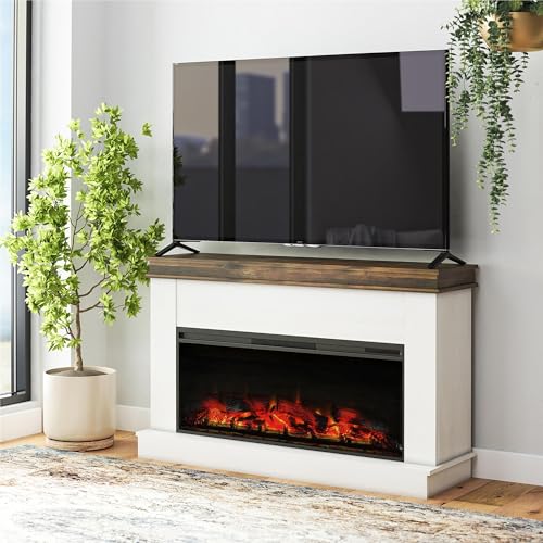 Ameriwood Home Mateo 53.5 Inch Electric Fireplace with Mantel, Replaceable Fireplace Insert Heater, Remote Control, Timer, Realistic Log and Flame Effect, for The Living Room or Bedroom, Ivory Oak