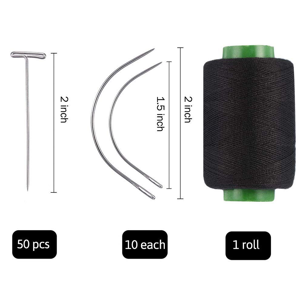 ATRAENTE T Pins Needle and Thread,50 Pieces Wig Pins T Pins for Wigs,20 Pieces C Curved Needle,Needle and Thread for Weave with 1 Roll Thread for Wig Marking