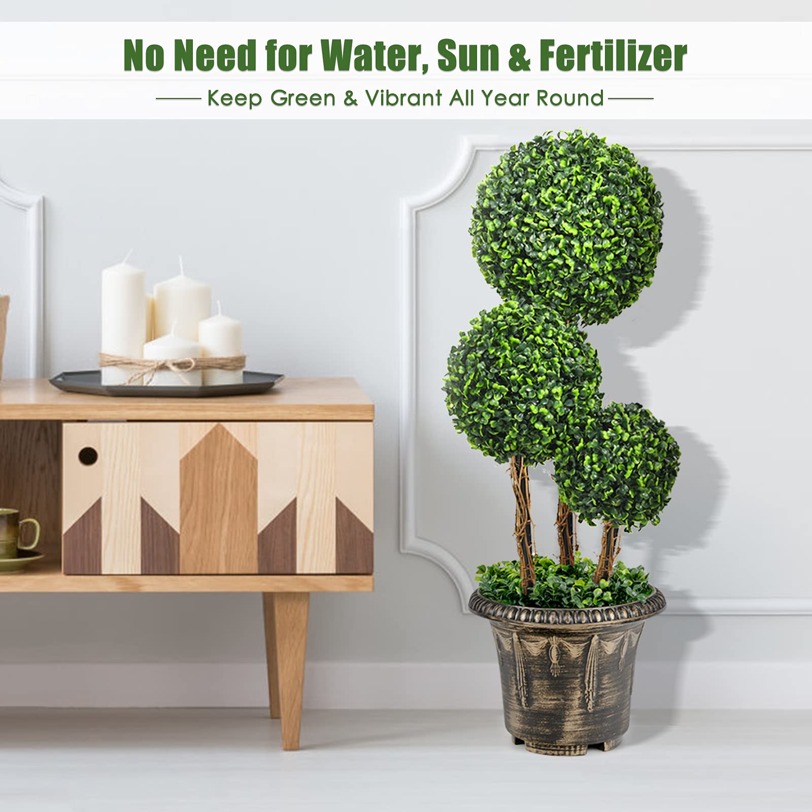 Goplus 2.5 Ft Artificial Boxwood Topiary Tree, Fake Greenery Plants Triple Ball Tree, Leaves & Cement-Filled Plastic Flower Pot Decorative Trees for Home, Office, Indoor and Outdoor Use
