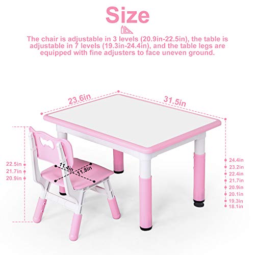 Kids Study Table and Chair Set with 2 Seats Height Adjustable Childrenās Painting Drawing Desk Easy to Clean Assemble Max Load-Bearing 330lb Plastic Toddler Table and Chair Set for School Home Pink