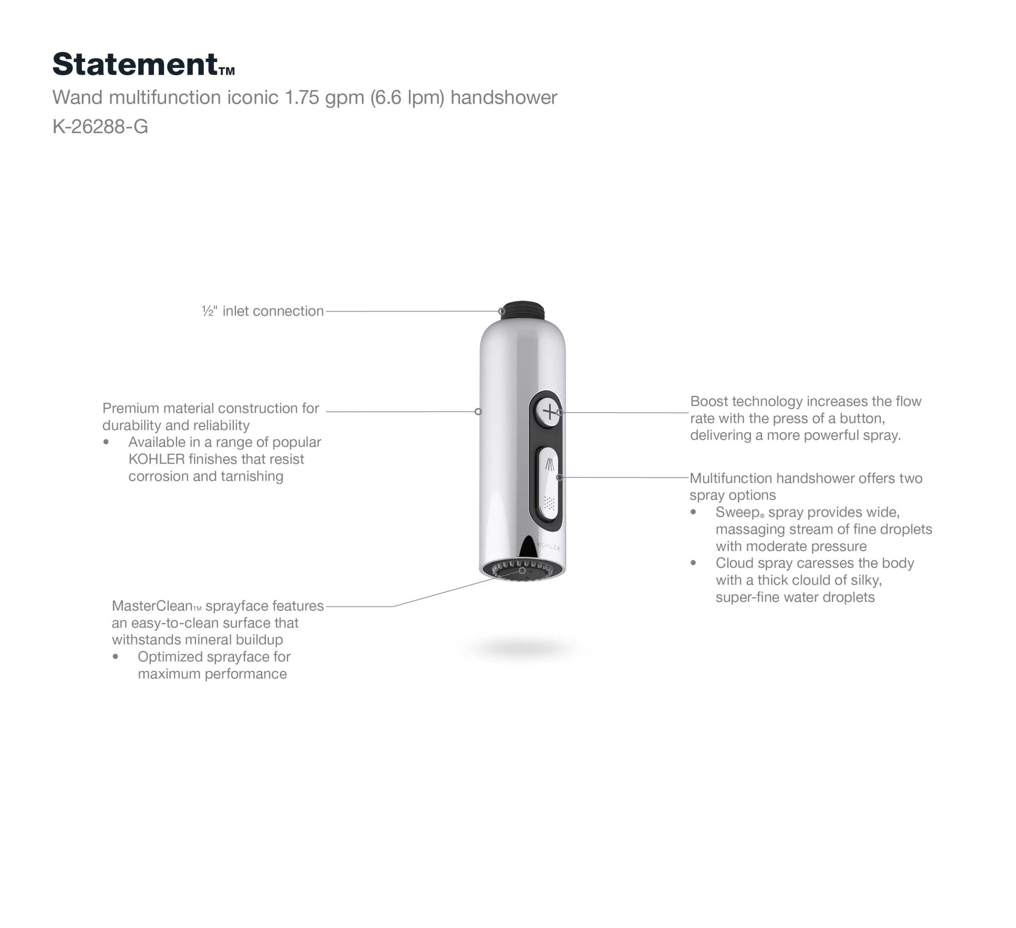 KOHLER 26288-G-BN Statement Two-Function HAND SHOWER Wand, Maximum Spray Performance with Mode Selector Buttons, Vibrant Brushed Nickel, 1.75 GPM