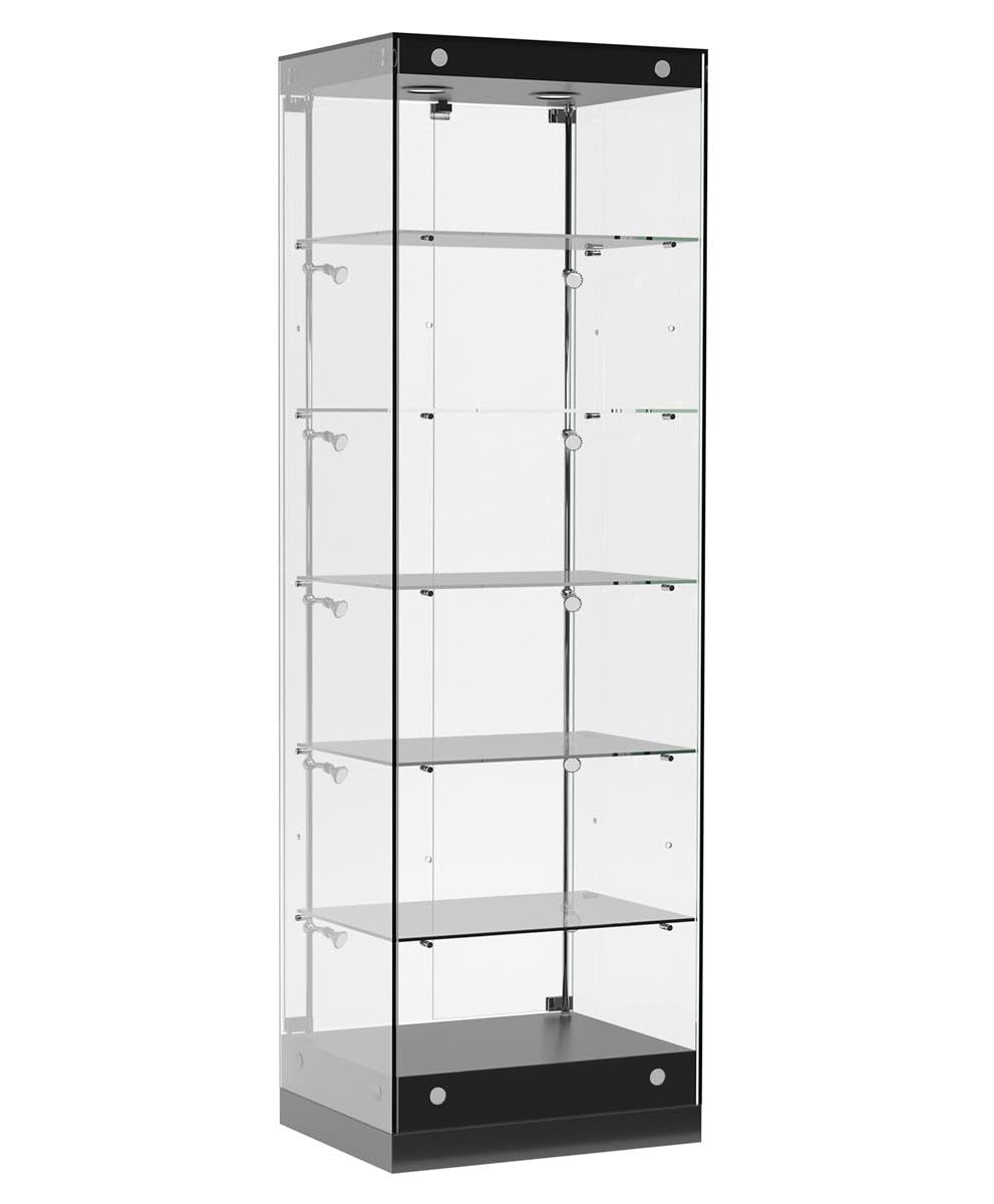 Displays2go Display Show Case with LED Lighting, Glass Shelves, Locking Door, MDF Top & Base β Clear & Black (GTAP24LEDB)