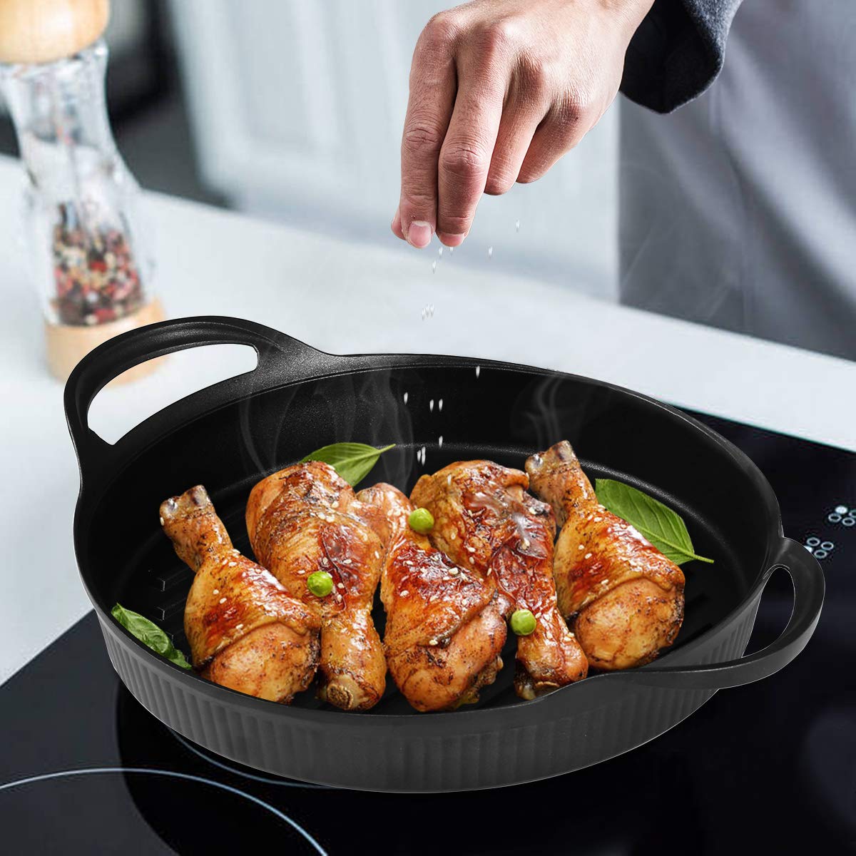 CAINFY Round Grill Pan with Lid, Nonstick Aluminum Stovetop Oven Griddle Grill Pan with Silicone Handles, 11.5 Inch, Dishwasher & Oven Safe