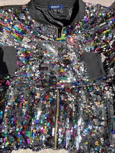 Cresay Women's Sequin Fitted Long Sleeve Zipper Blazer Bomber Jacket Rainbow 3XL