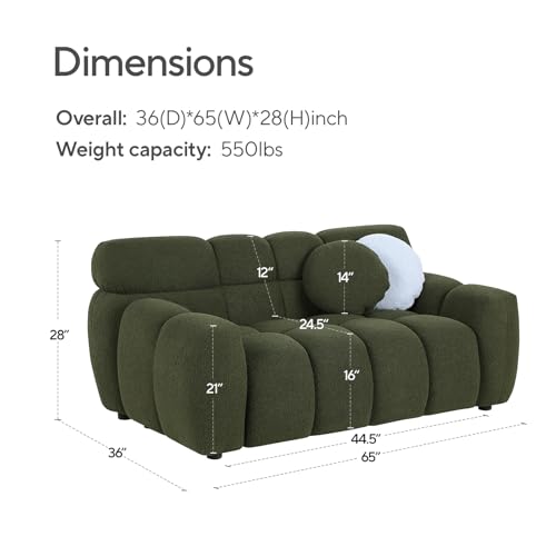 Alberobelo Boucle Sofa for Living Room, Cloud Couch with Solid Eucalyptus Frame & Cloud Pillow, Mid Century Modern Couch for Office Living Room Coffee Room (Green, 65"-Loveseat)