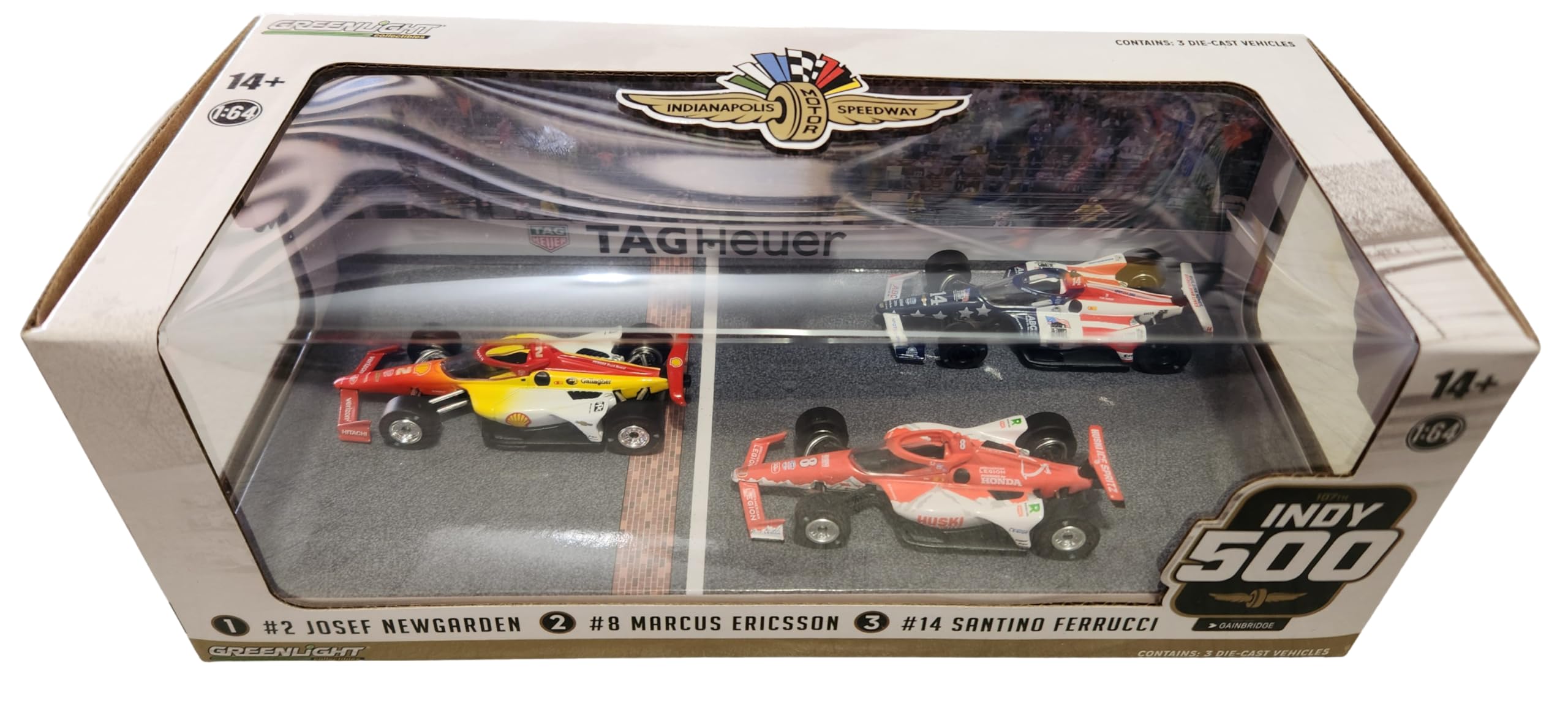 Greenlight 11581 2023 Indianapolis 500 Podium 3-Car Set #2 Josef Newgarden, 8 Marcus Ericsson, 14 Santino Ferrucci 1:64 Scale Indy 500 in Diorama Display Box