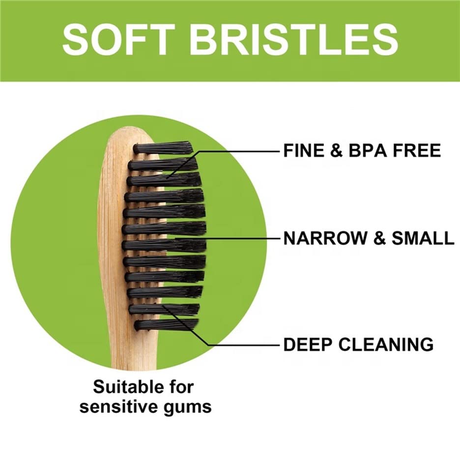Bamboo Toothbrushes (10 Pcs) BPA Free Soft Bristles Biodegradable Toothbrushes, Natural Eco-Friendly Green and Compostable Wooden Tooth Brush