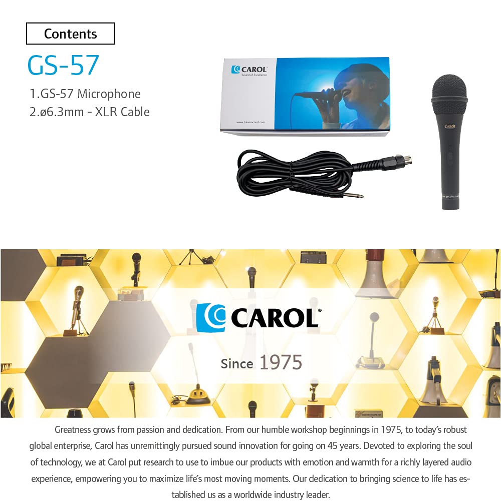 CAROL GS-57 Cardioid Dynamic Vocal Microphone w/ 14.8ft XLR to 1/4"(6.35mm) Cable, for Presentation & Home Studio, Stage, Shock Absorber Effects, Compatible with Amplifier