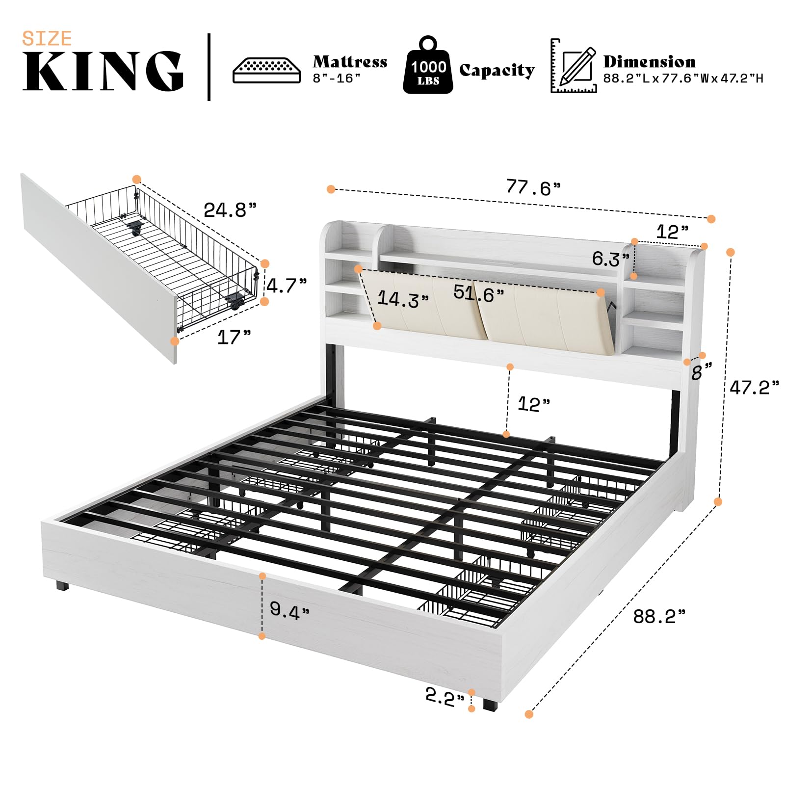 AMERLIFE King Size Bed Frame with 4 Storage Drawers, Upholstered Bed Frame with 47.2" Bookcase Headboard, Wooden Platform Bed with Charging Station/No Box Spring Needed/White