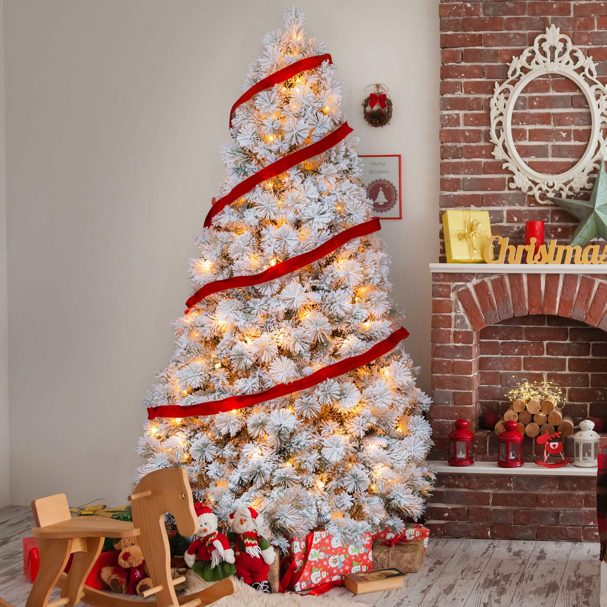AMERZEST Spruce 6ft Pre-Lit Snow Flocked Christmas Tree,300 Warm Lights,Artificial Trees Pinecone Decor…