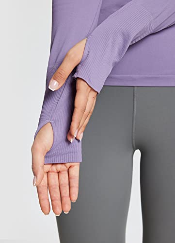BALEAF Women's Long Sleeve Workout Athletic Seamless Shirts Tight Yoga Running Gym Fitted Tops with Thumb Holes Purple S